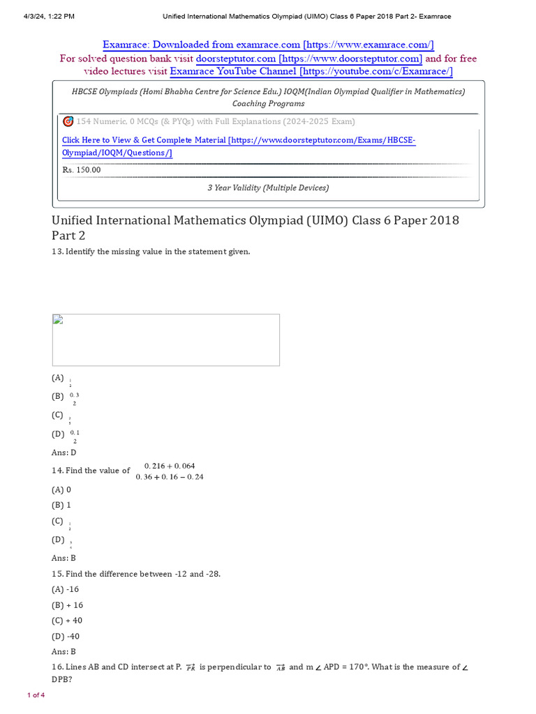 UIMO Class 6 Paper 2018 Part 2 | PDF | Numbers | Prime Number