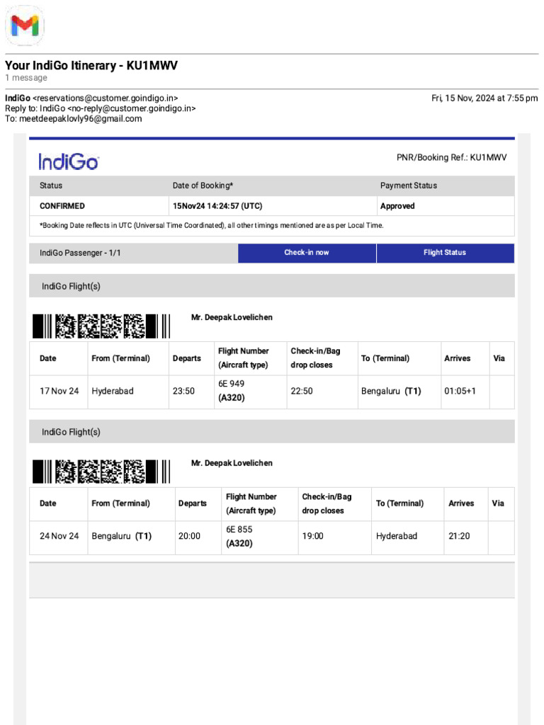 Gmail - Your IndiGo Itinerary - KU1MWV - Compressed | PDF | Airport | Aviation