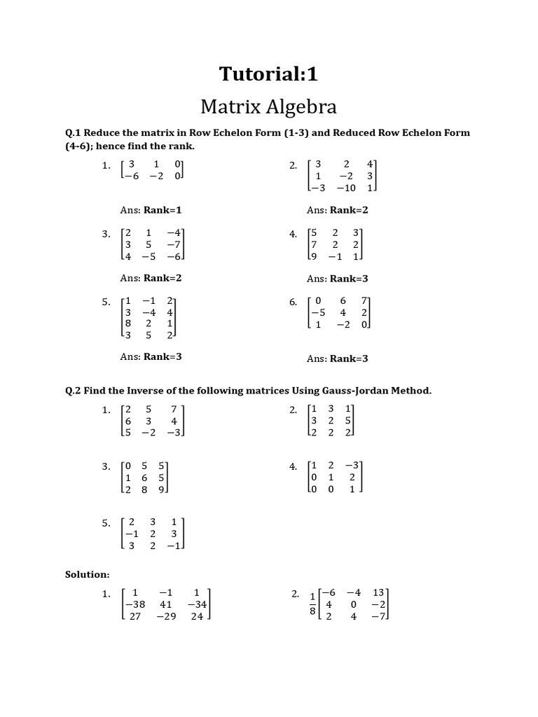 Matrix Algebra: Rank, Inverse & Solutions | PDF | Algebra ...