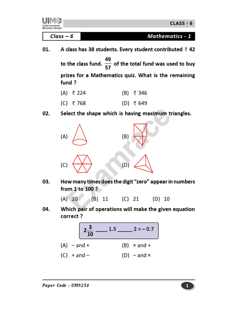 UIMO-Class-6-Paper-Set-B-2021 | PDF | Elementary Mathematics ...