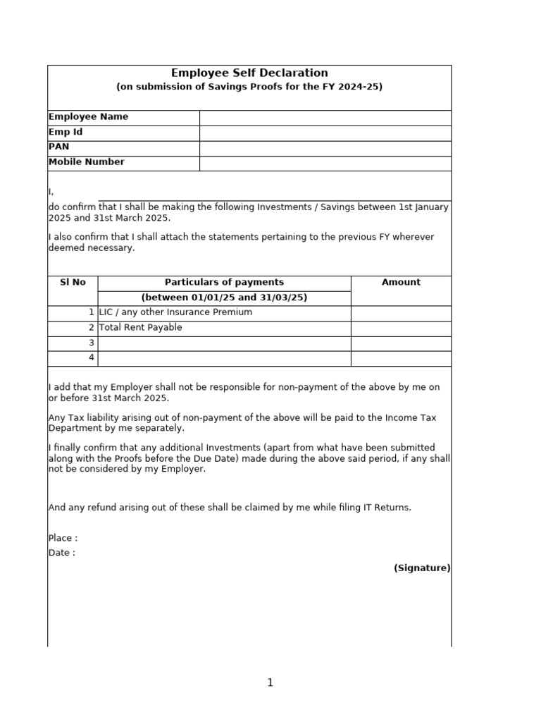 Employee Self Declaration On Committed Investments and Savings For The ...