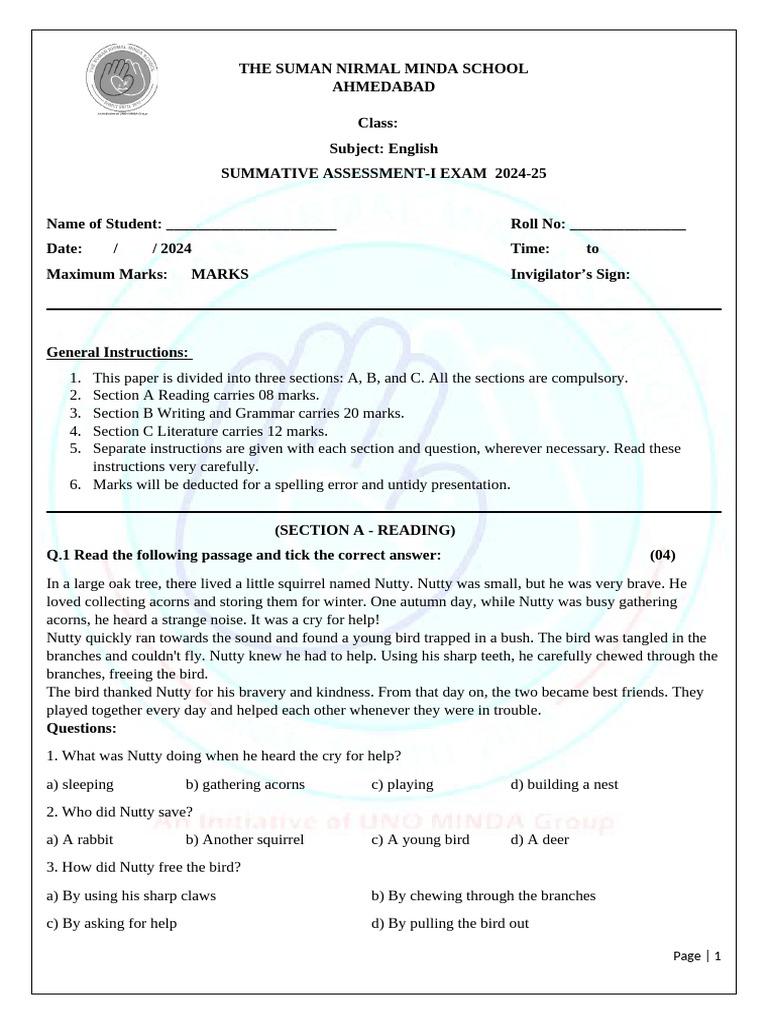 CLASS_4_ENGLISH_SA1 | PDF | Linguistics | Grammar