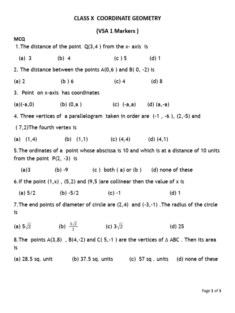 Class X Coordinate Geometry MCQs | PDF | Cartesian Coordinate System ...