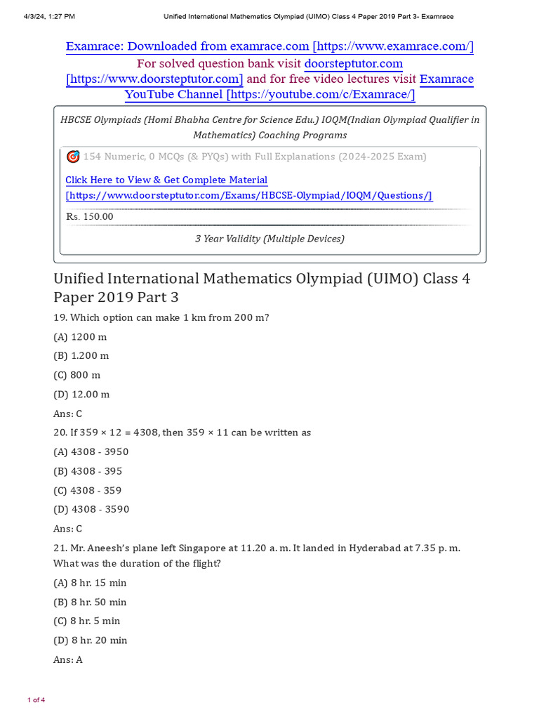 UIMO Class 4 Paper 2019 Part 3 | PDF | Litre | Mathematics