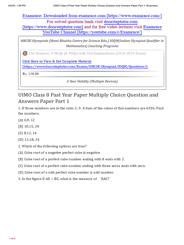 UIMO Class 8 Past Year Question Paper Part 1 | PDF | Numbers | Elementary Mathematics
