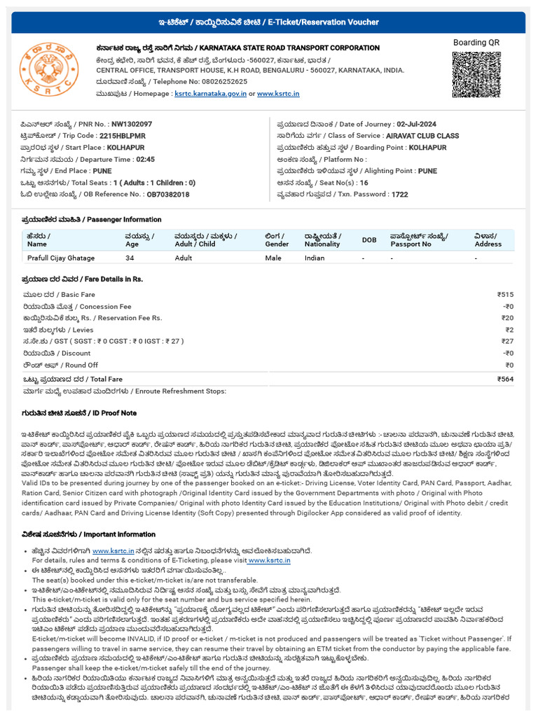 KSRTC - in Itinerary NW1302097 | PDF