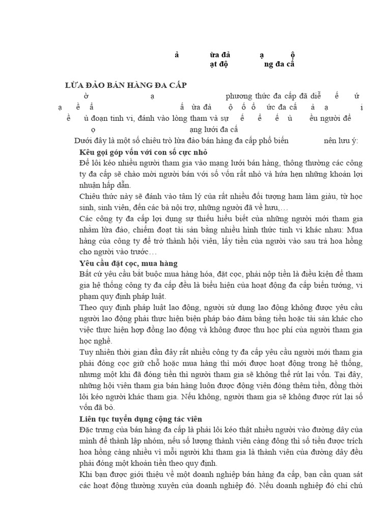 TB SV canh giac khong tham gia cac hoat dong ban hang da cap, lua dao mang XH | PDF