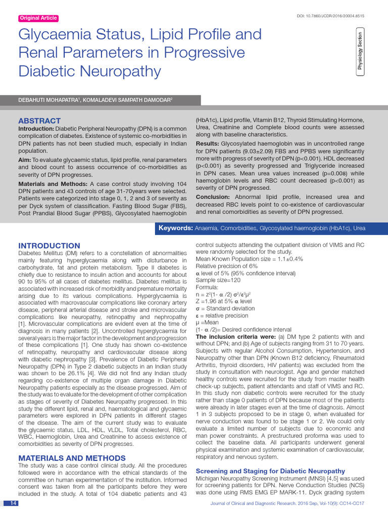 Glycaemia Status, Lipid Profile and Renal Parameters in Progressive ...