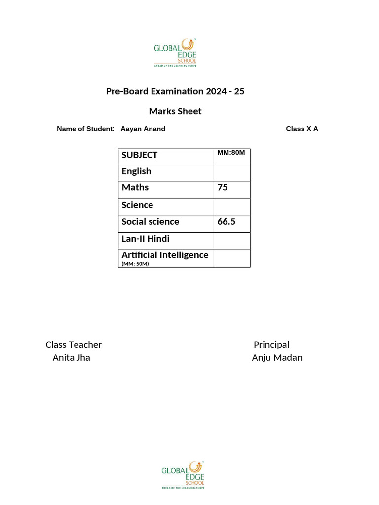 GR X A Pre Board Report Cards - 2024 | PDF