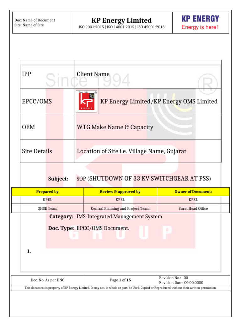 SOP for 33kV Switchgear Shutdown | PDF | Electric Arc | Electricity