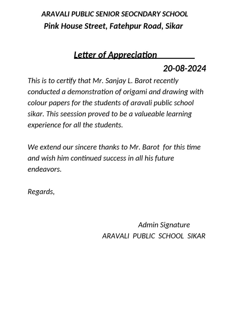 Letter of Appriciation | PDF