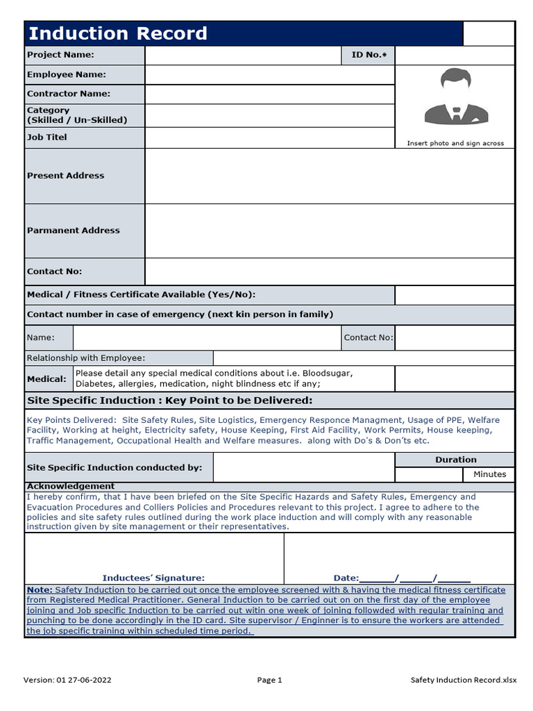 Safety Induction Record | PDF | Safety | Employment