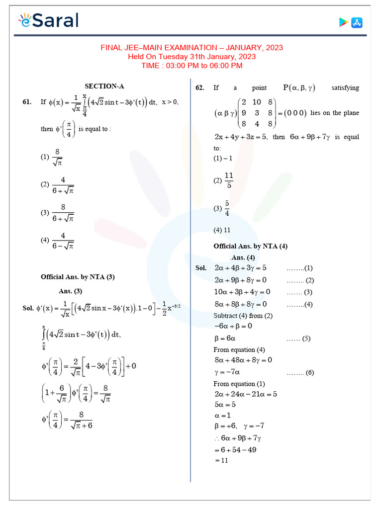 31-01-2023 Mathematics Paper+With+Answer Evening | PDF | Function ...