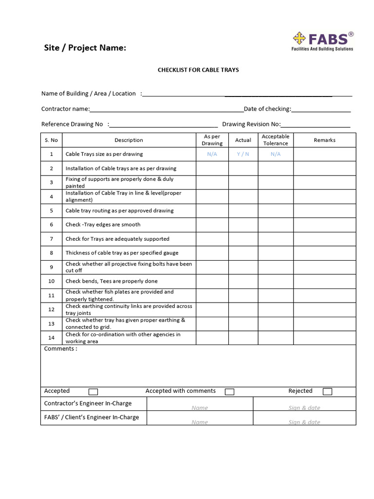 14.00_ Checklist_ Cable Trays | PDF