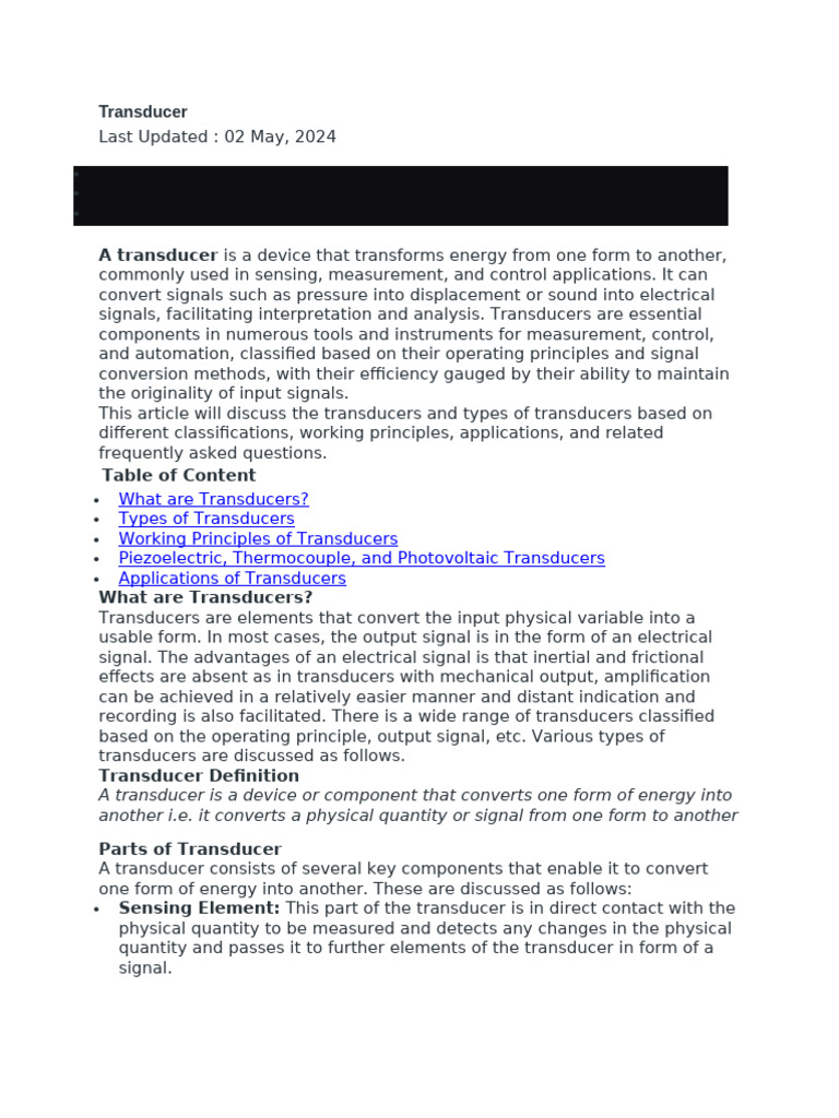Types of Transducer | PDF | Piezoelectricity | Sensor
