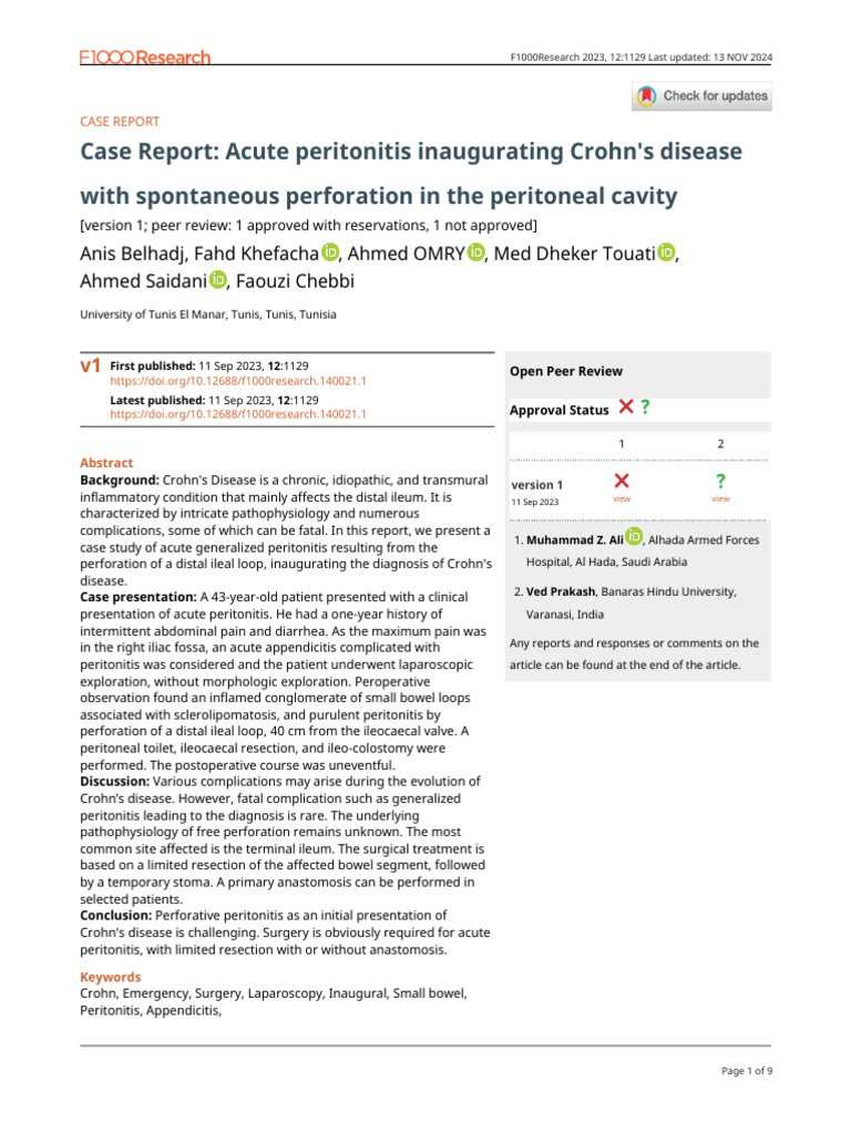 Case Report, Acute Peritonitis Inaugurating Crohn's Disease With Spontaneous Perforation in the ...
