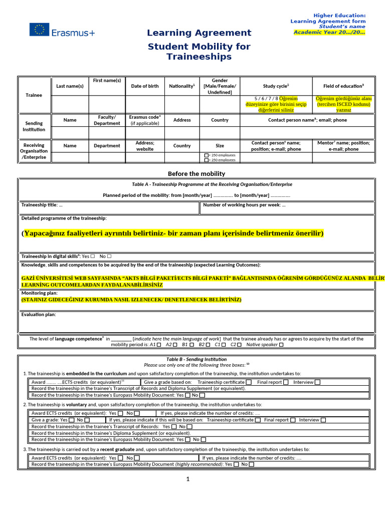 Learning Agreement Traineeships 2020 | PDF | Academic Degree