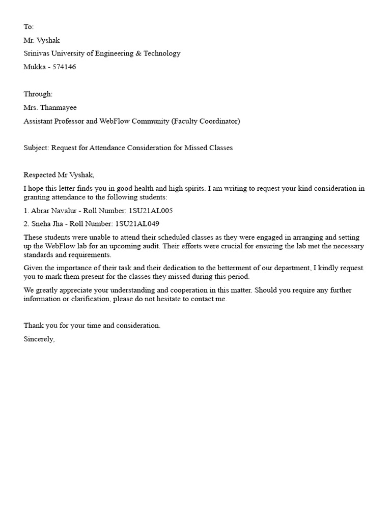 Attendance Consideration Request Letter | PDF