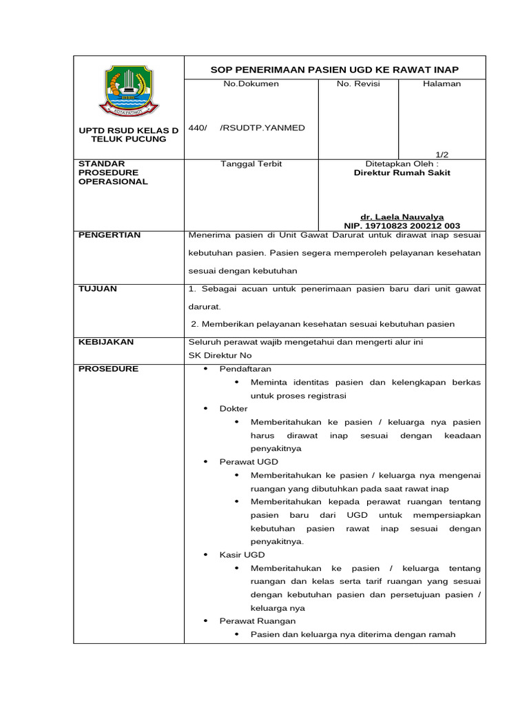 SOP PENERIMAAN PASIEN UGD KE RAWAT INAP | PDF
