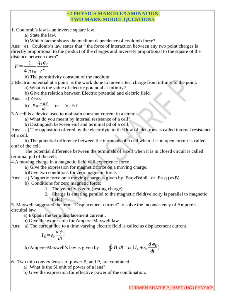 +2 Physics March Exam Model Questions | PDF | Photoelectric Effect ...