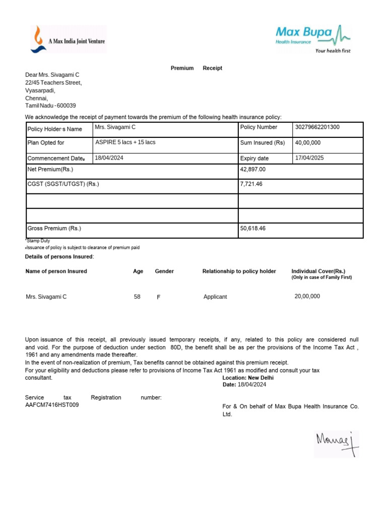 Niva Bupa Policy Premium Receipt | PDF | Taxes | Tax Deduction
