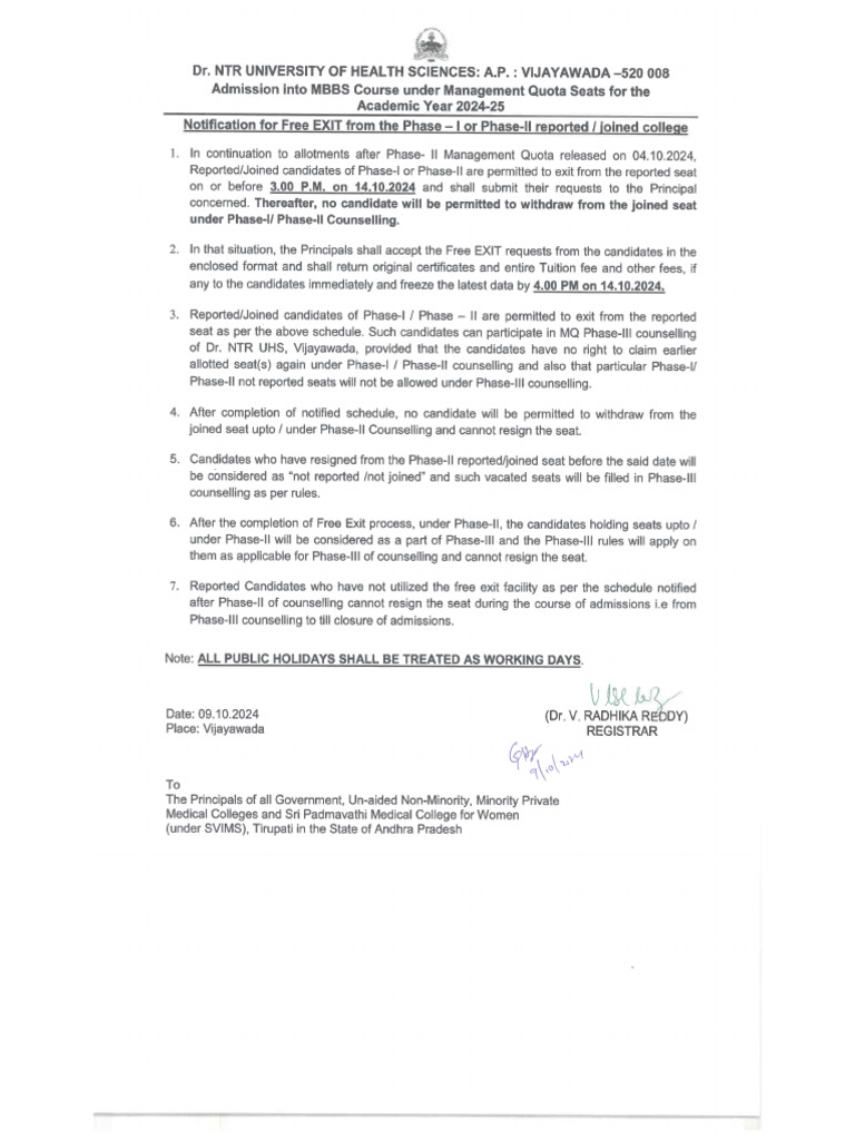 MBBS Admissions, MQ - 2024-25 Notification For Free Exit From The Phase ...