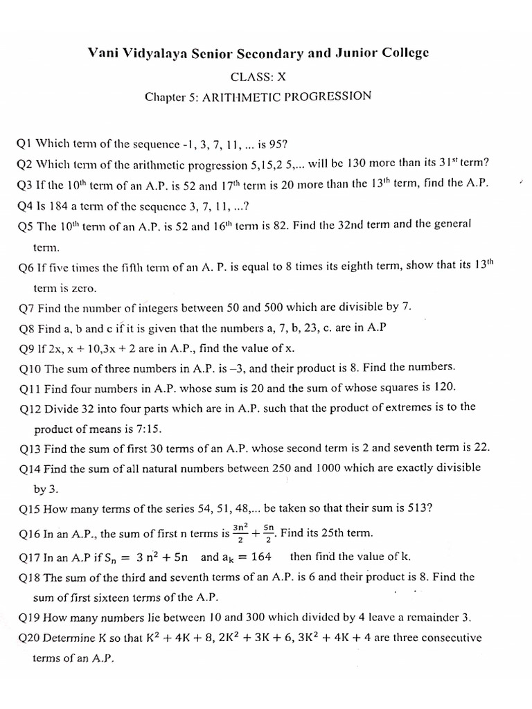 Arithmetic Progressions Worksheet | PDF