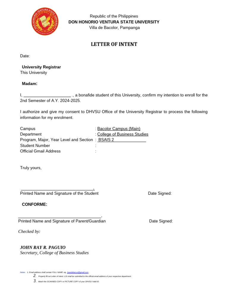 Letter of Intent To Enroll | PDF
