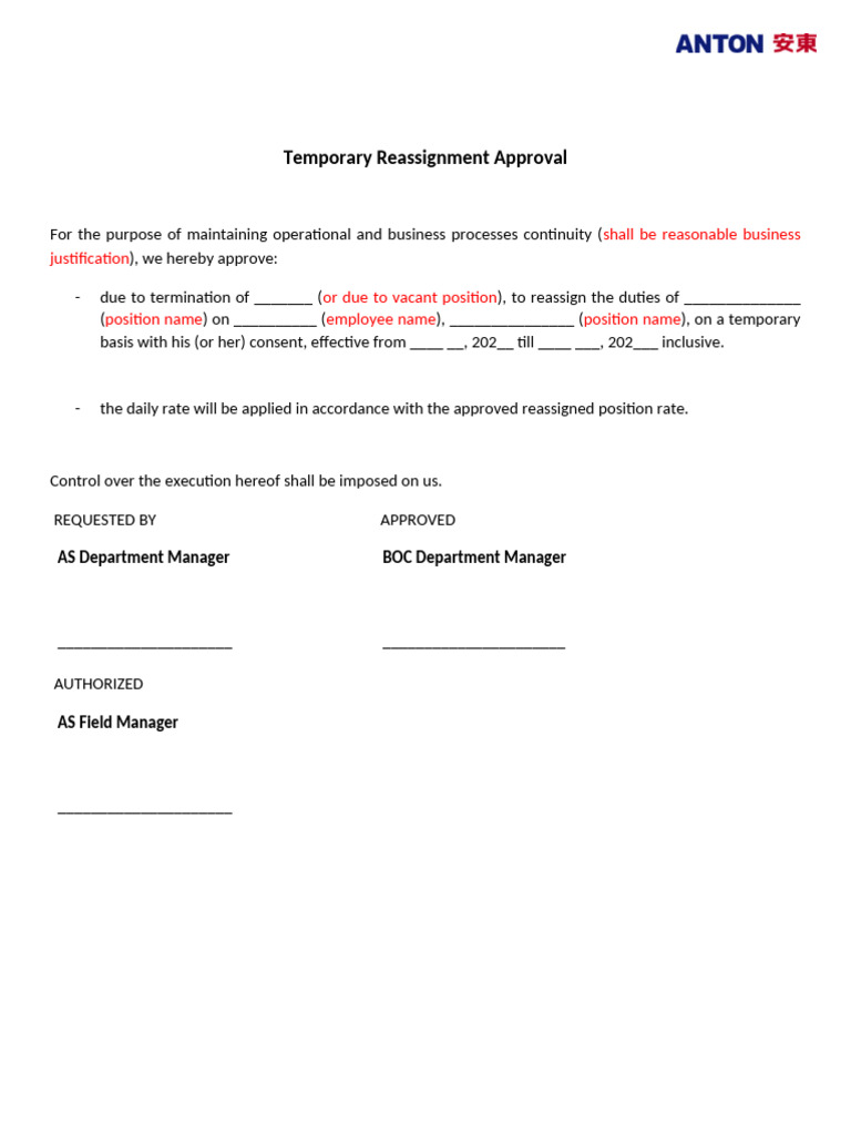 8 Temporary Reassignment Approval Form | PDF