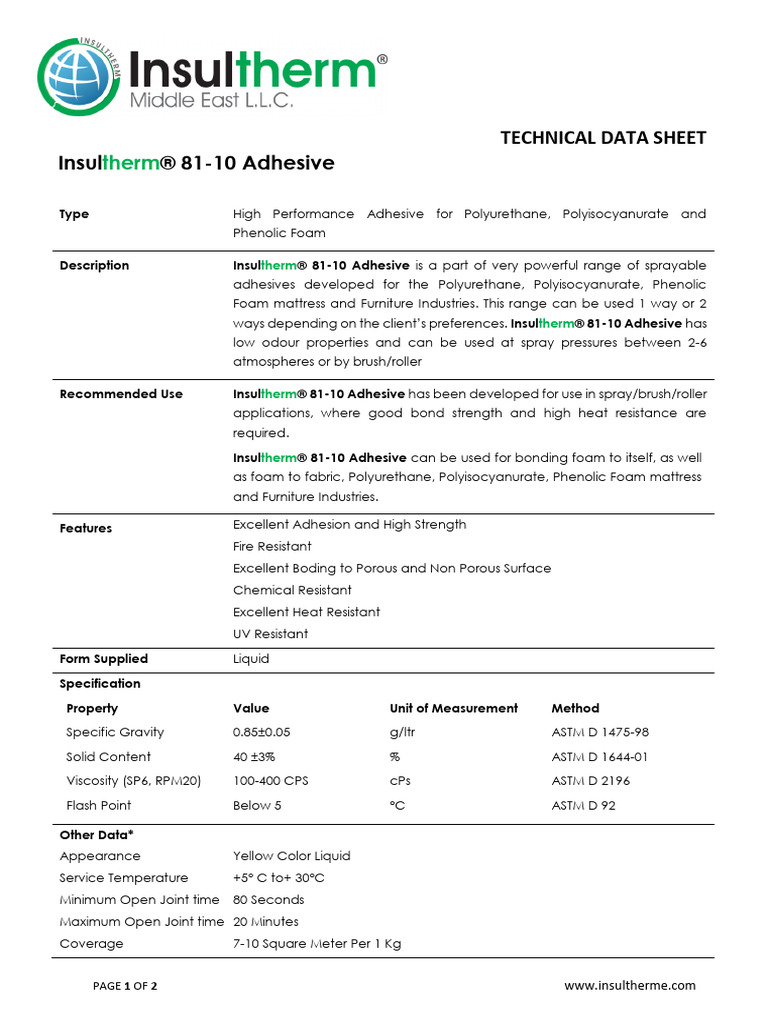 Insultherm® 81-10 Adhesive Overview | PDF | Polyurethane | Adhesive