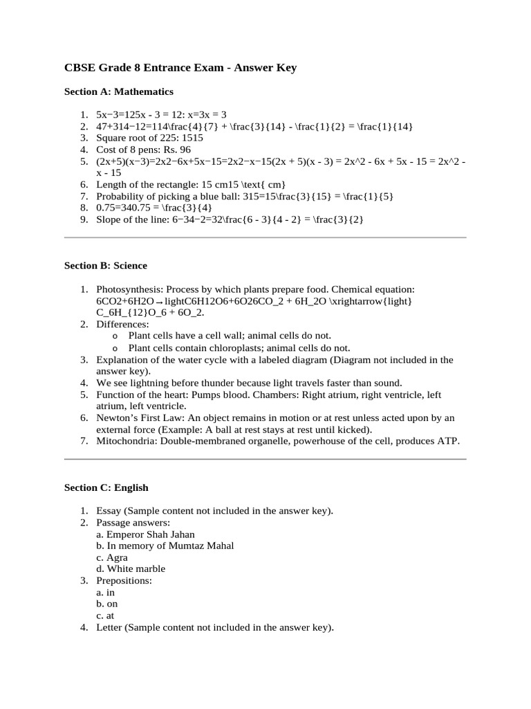 CBSE Grade 8 Entrance Exam Key | PDF | Atrium (Heart) | Ventricle (Heart)