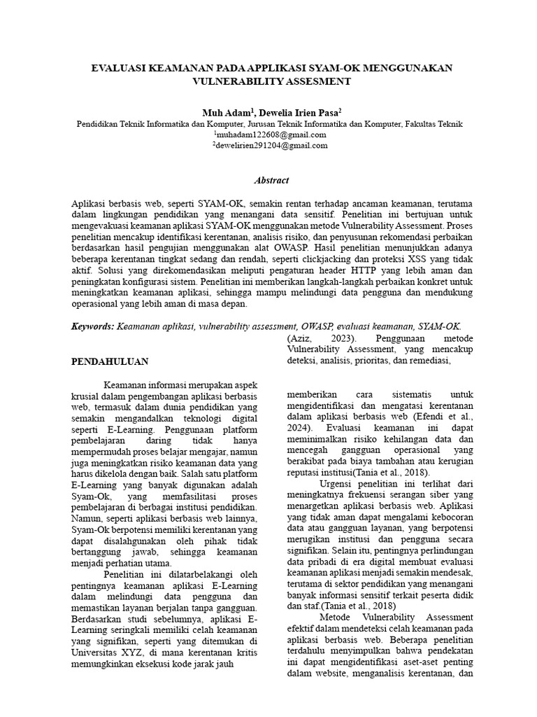 Evaluasi Keamanan Pada Applikasi Syam-Ok Menggunakan Vulnerability Assesment | PDF