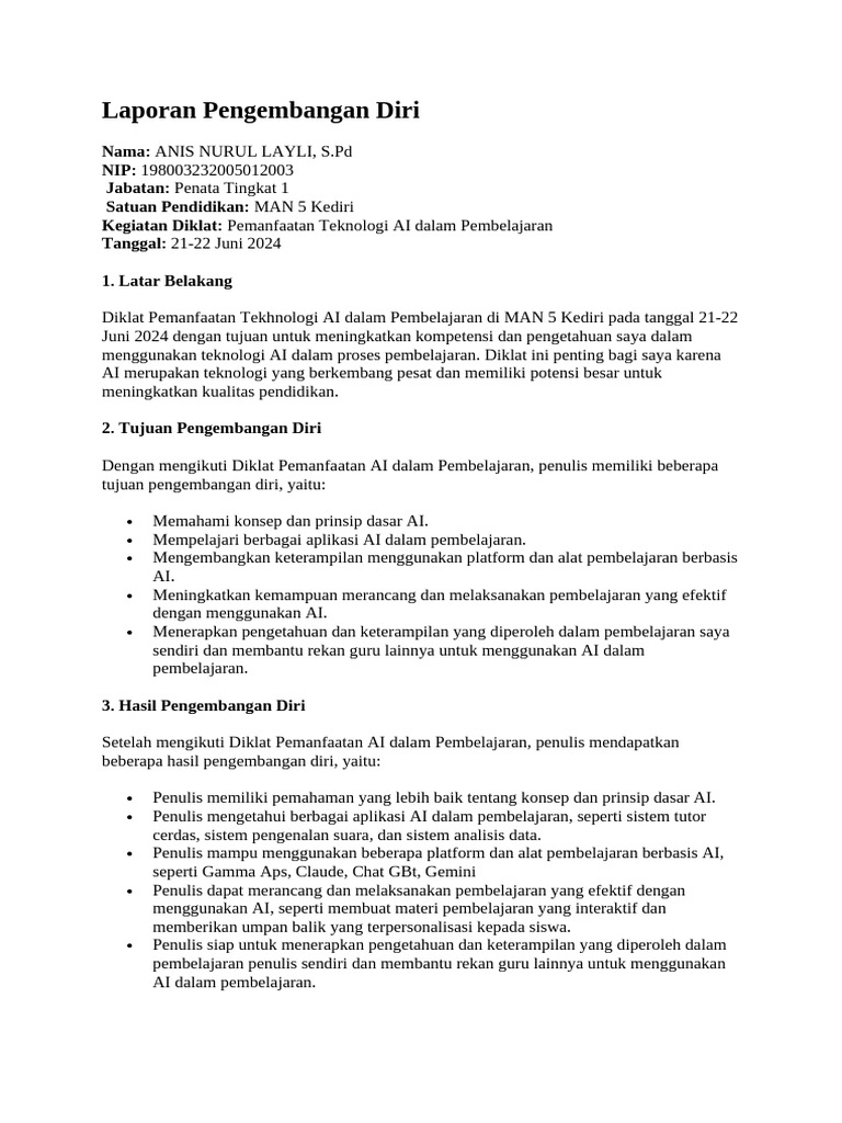 Laporan Pengembangan Diri Diklat AI Dengan UM | PDF
