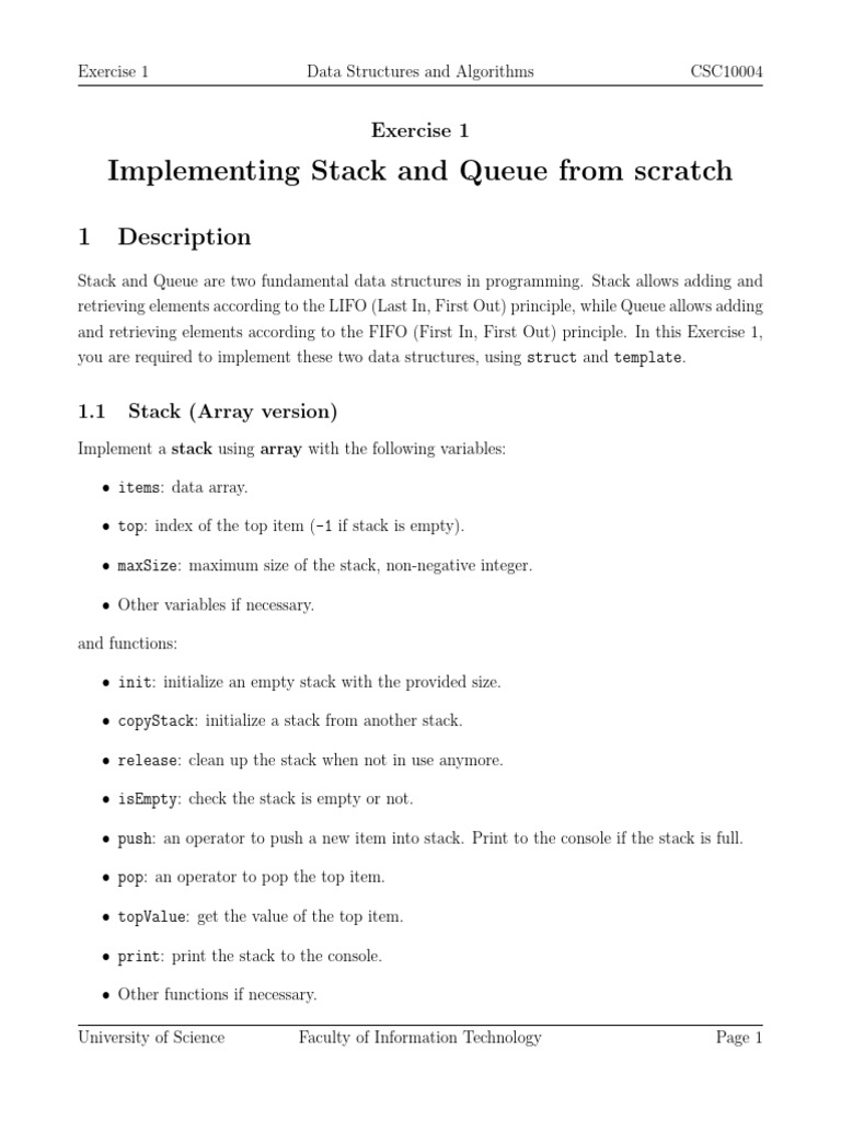 (CSC10004 - DSA) Exercise 1 - Stack and Queue | PDF | Queue (Abstract Data Type) | Computer ...