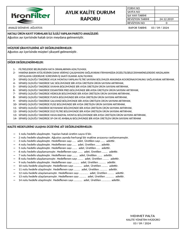 AYLIK KALİTE KURUL DURUM RAPORU | PDF