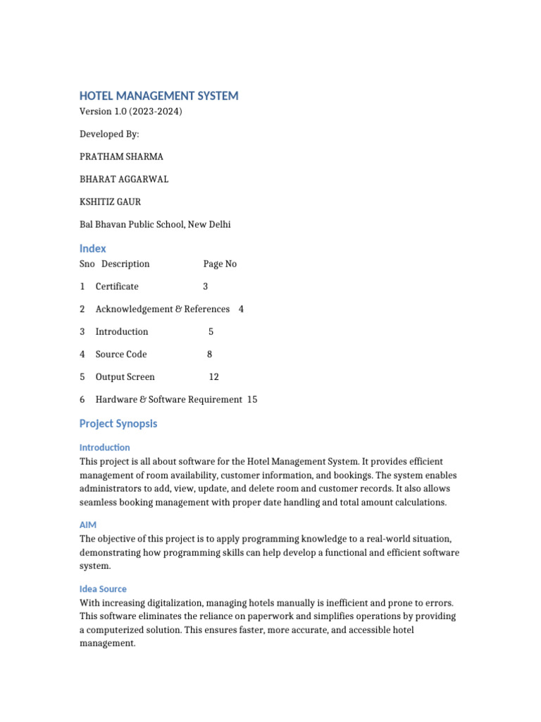 Hotel Management Project | PDF