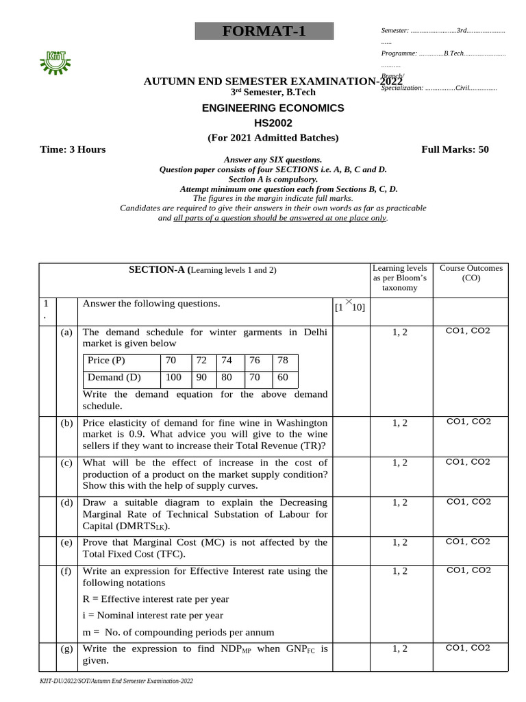 HS 2002 - Eng. Eco Sem 3 Sarbeswar Mohanty | PDF | Demand | Depreciation