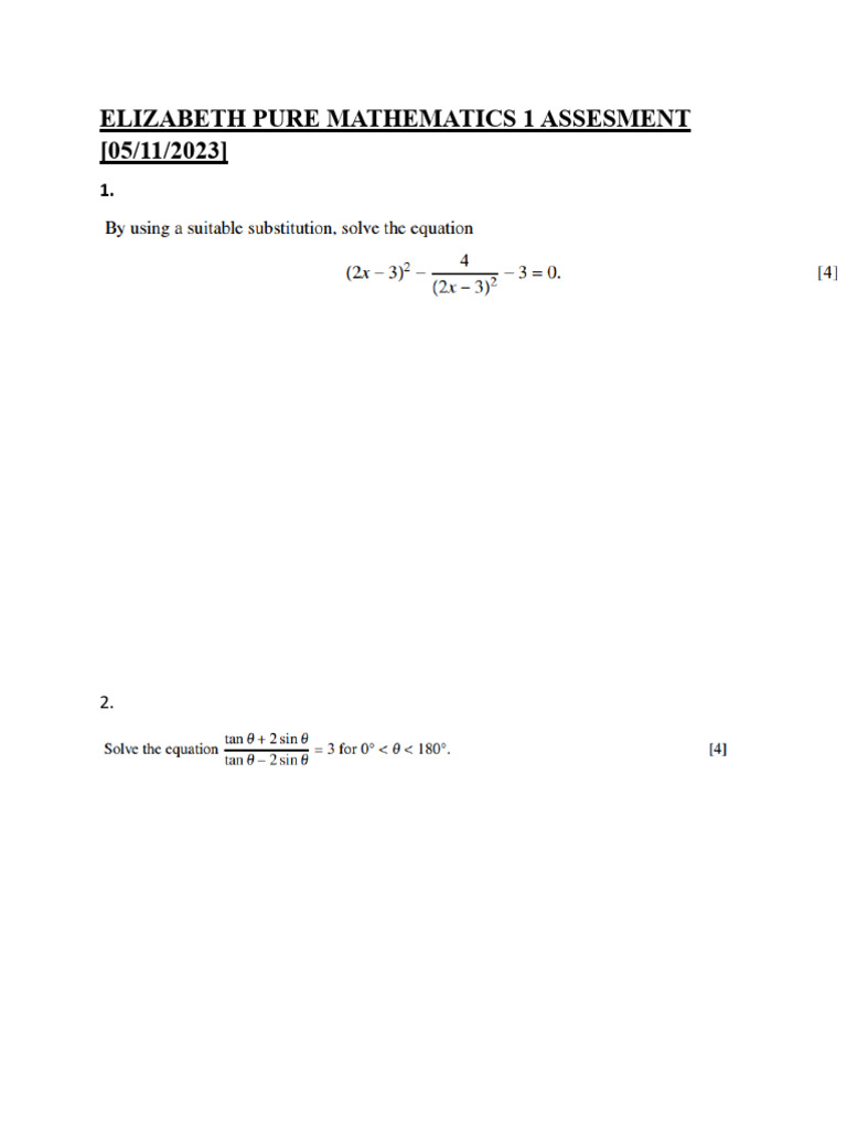 Elizabeth Pure Mathematics 1 Assessment | PDF