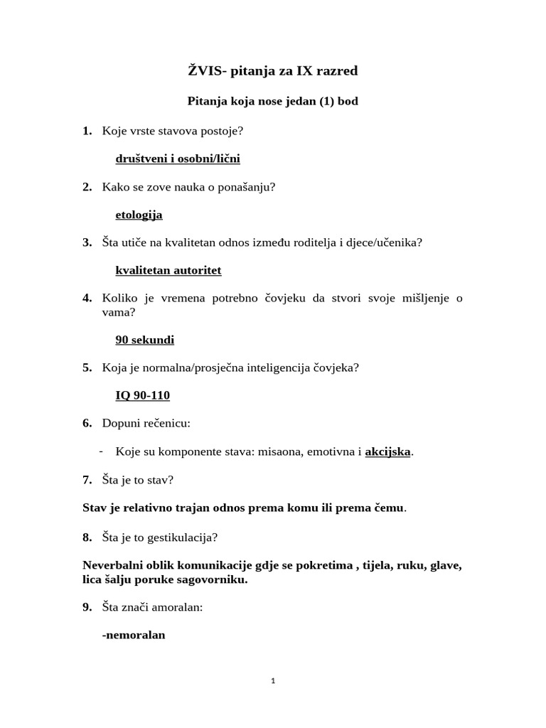 Pitanja Učenici ŽVS Za IX Razred | PDF