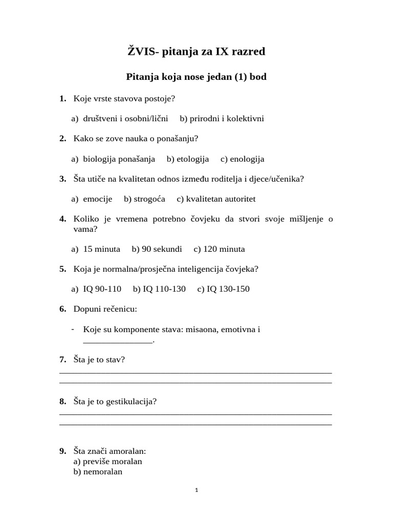 Pitanja TEST, ŽVS Za IX Razred | PDF