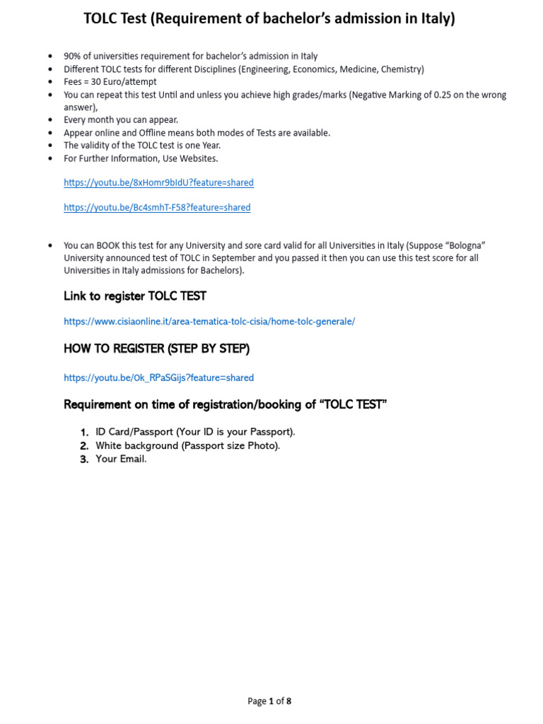 TOLC Test For Admission in Italy On Bachelor's Basis | PDF