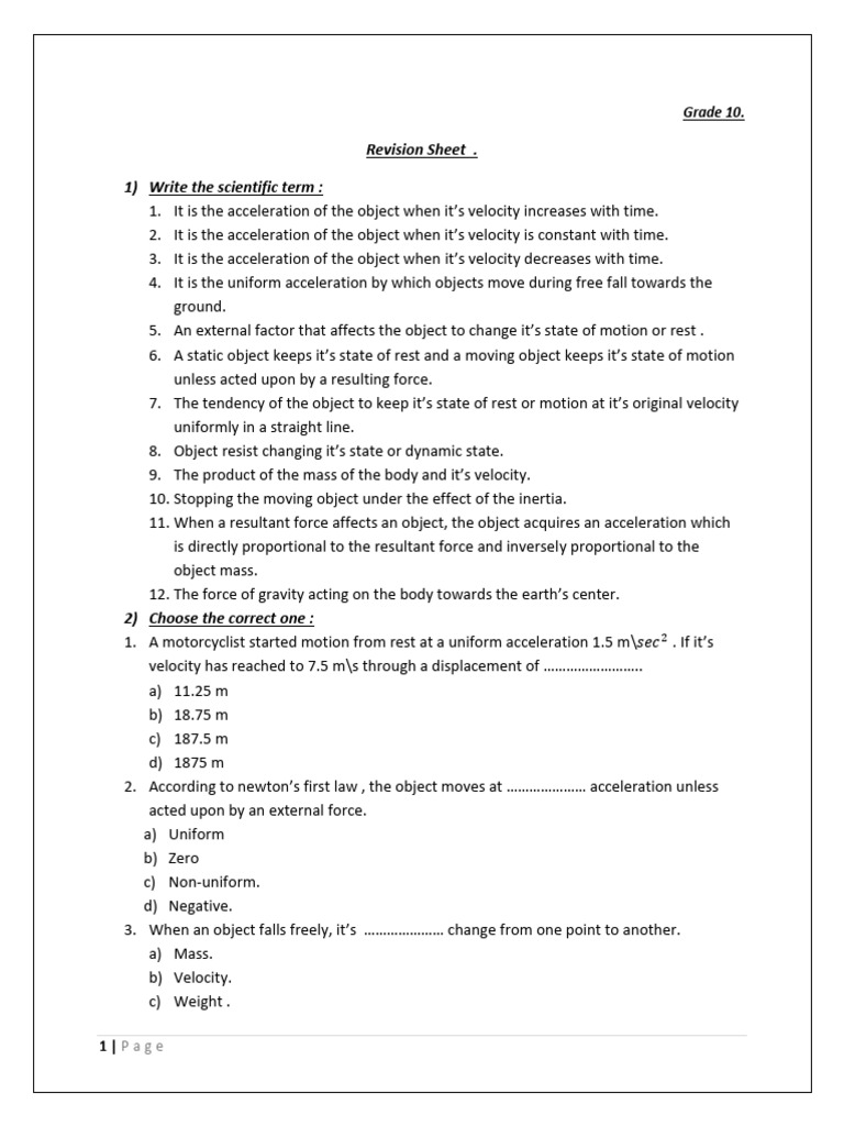 3064 - Grade 10 Revision Sheet | PDF | Force | Acceleration