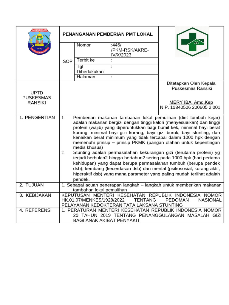 Sop Penanganan Pemberian PMT Lokal | PDF