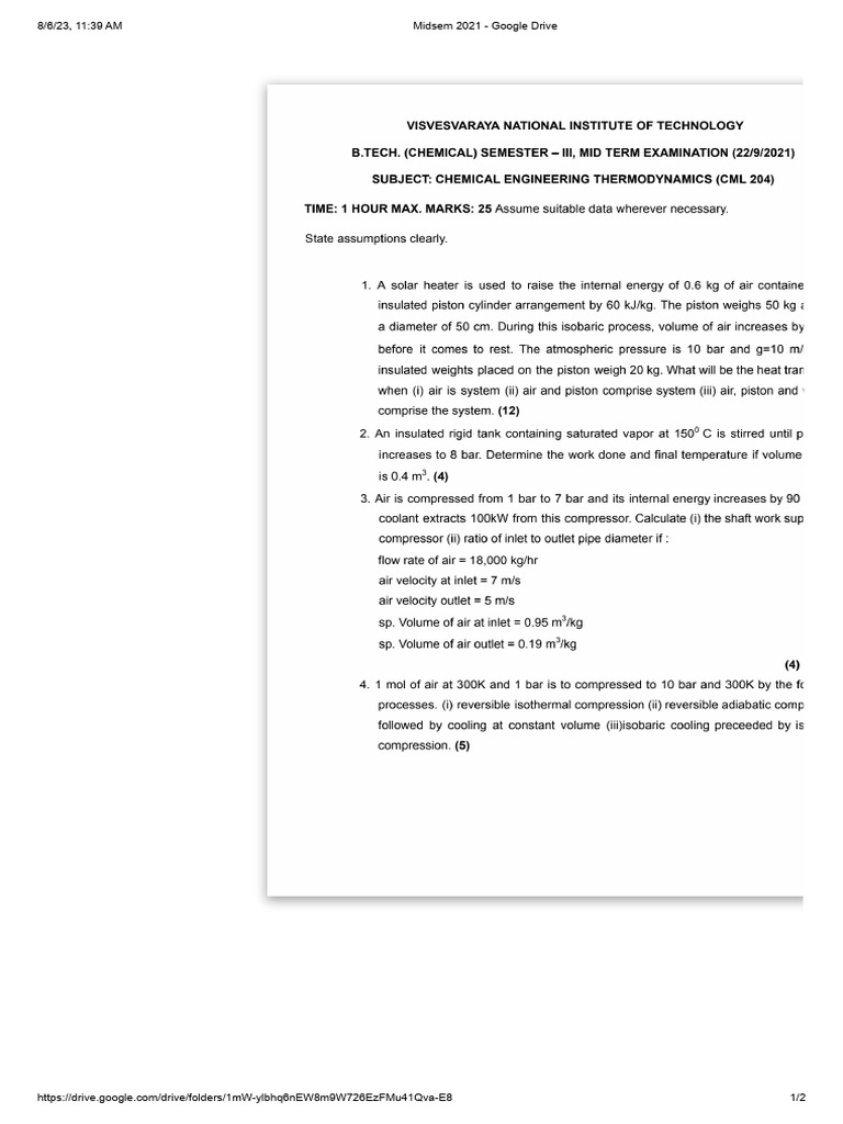Midsem 2021 cet | PDF | Branches Of Thermodynamics | Thermodynamics