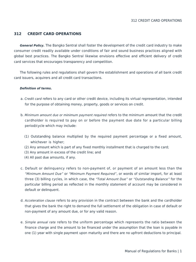 312 CREDIT CARD OPERATIONS - Manual of Regulations For Banks | PDF ...