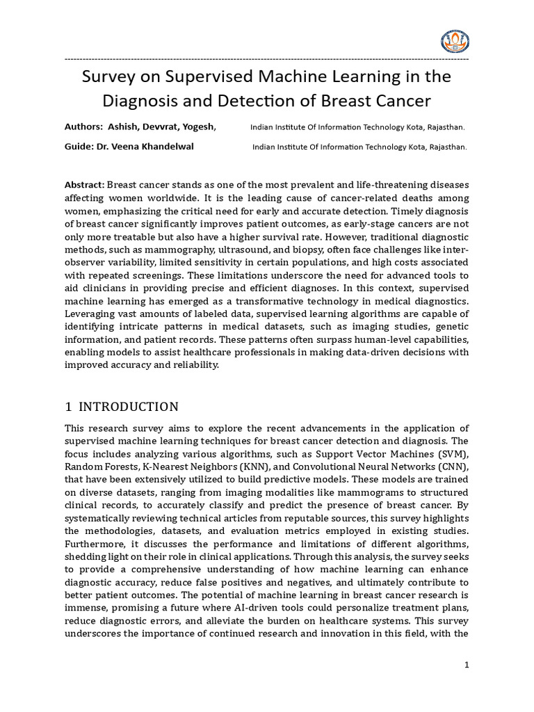 Survey On Supervised Machine Learning in The Diagnosis and Detection of Breast Cancer STA | PDF ...