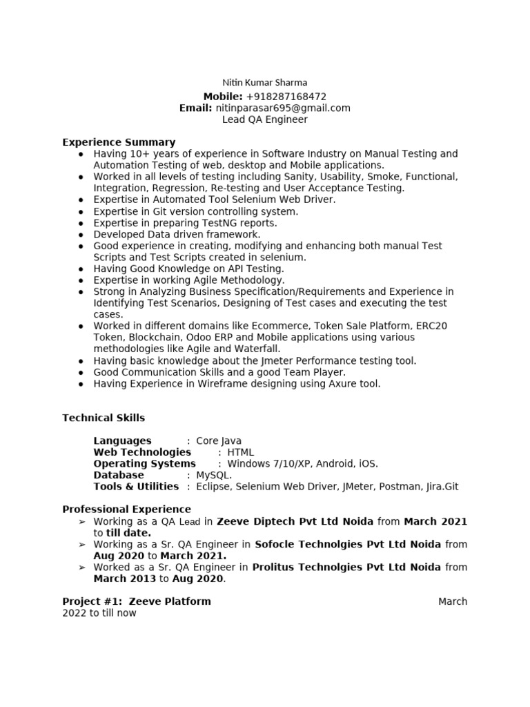 Resume Lead QA Nitin Kumar Sharma | PDF | Selenium (Software ...
