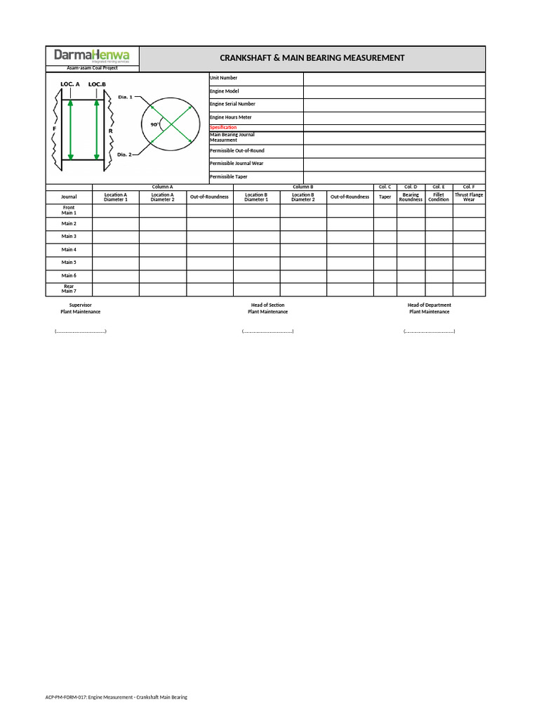 ACP-PM-FORM-017 Engine Measurement - Crankshaft & Main Bearing | PDF