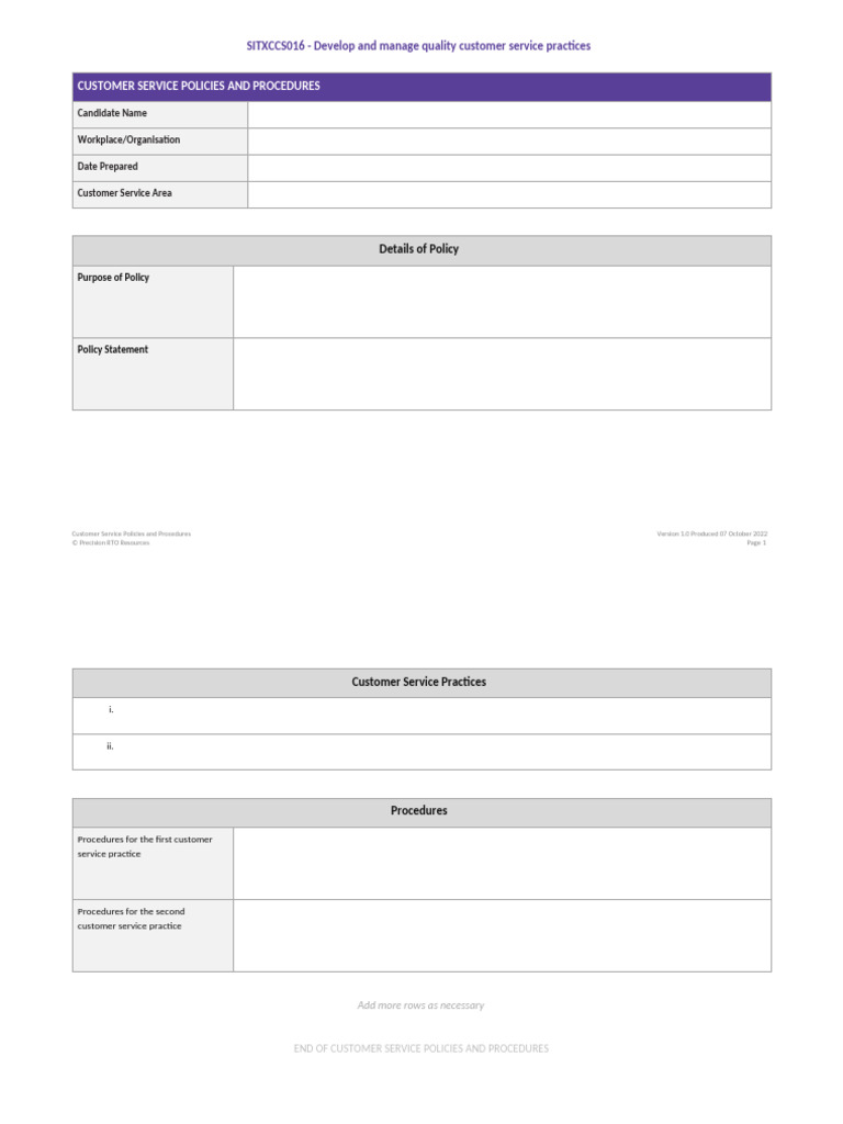 SITXCCS016-Customer-Service-Policies-and-Procedures-v1.0 | PDF