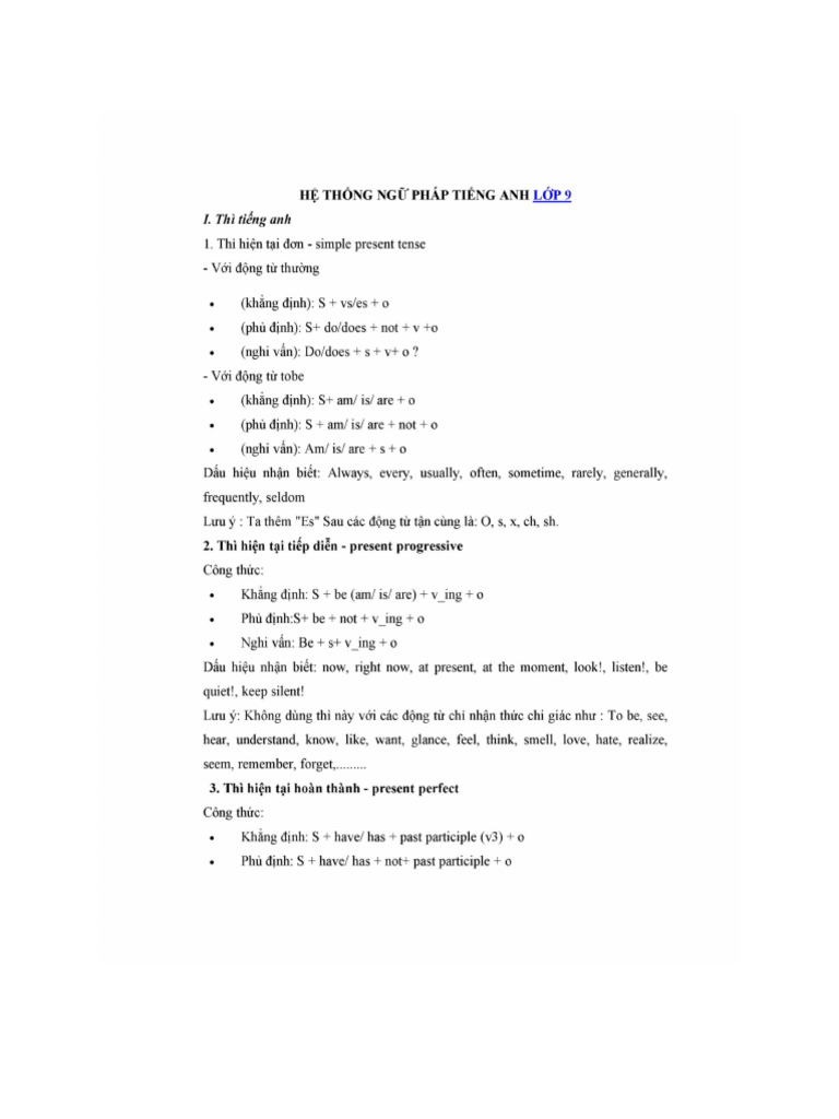 Hệ Thống Ngữ Pháp TA9 | PDF